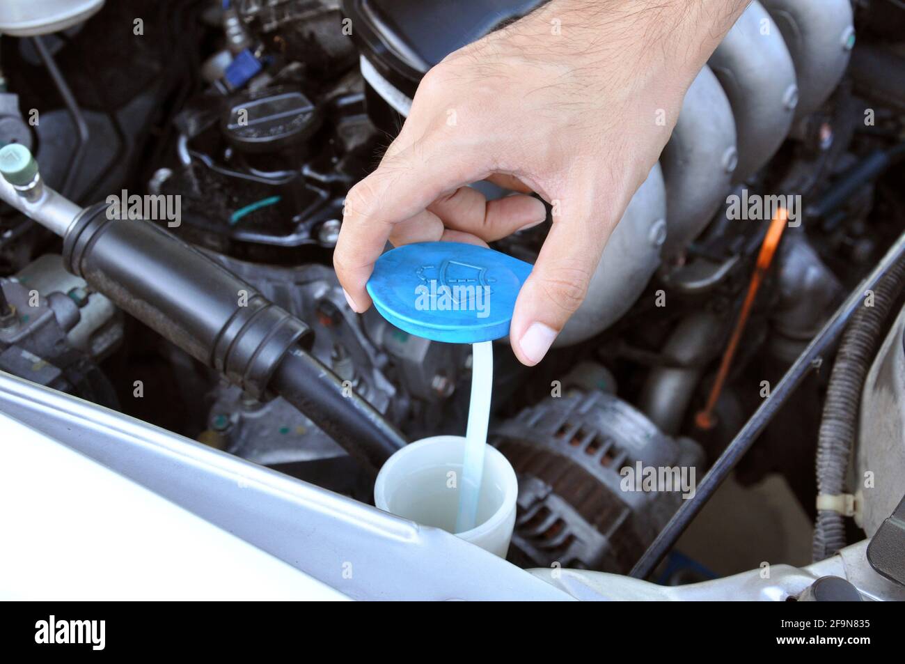 Hand opening car windscreen washer tank checking water level Stock ...