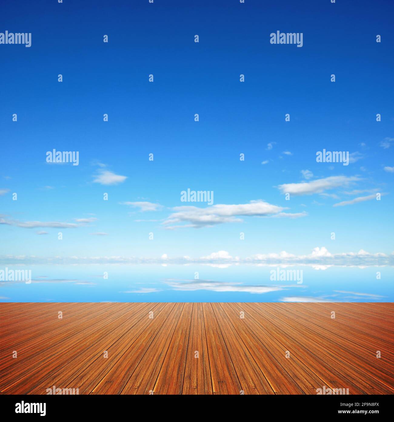 Wood plank as a pier or deck on blue sea water & sky background Stock ...