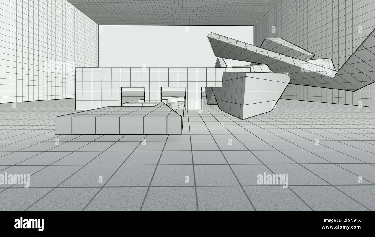 3D illustration - Empty abstract covered with grid line concrete room ...