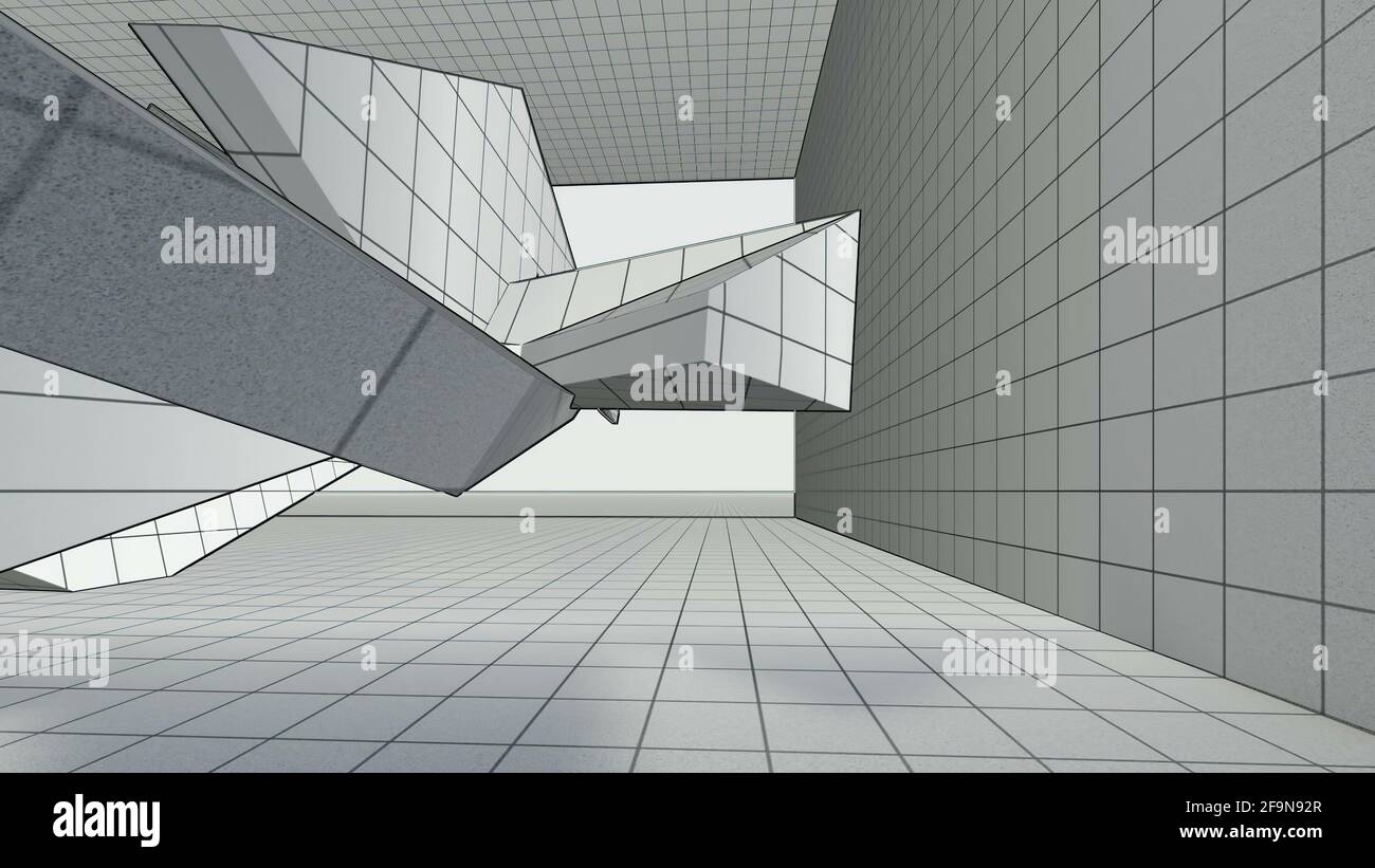 3D illustration - Empty abstract covered with grid line concrete room ...
