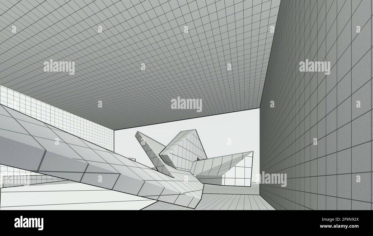 3D illustration - Empty abstract covered with grid line concrete room ...