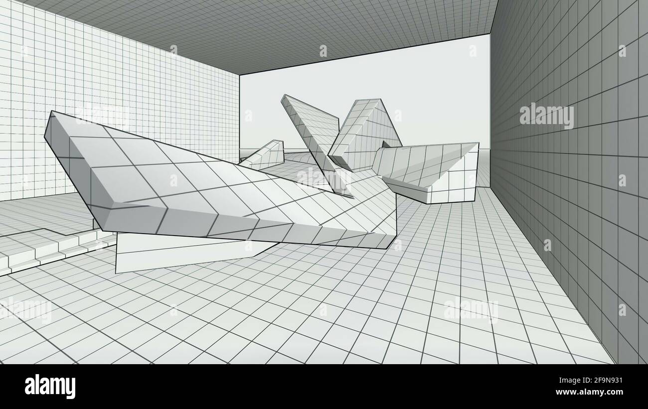 3D illustration - Empty abstract covered with grid line concrete room ...