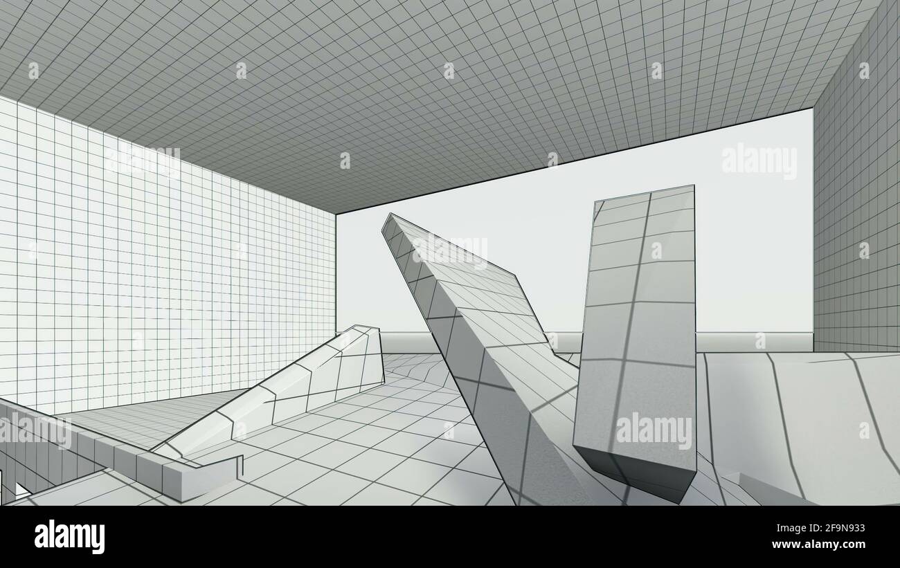 3D illustration - Empty abstract covered with grid line concrete room ...