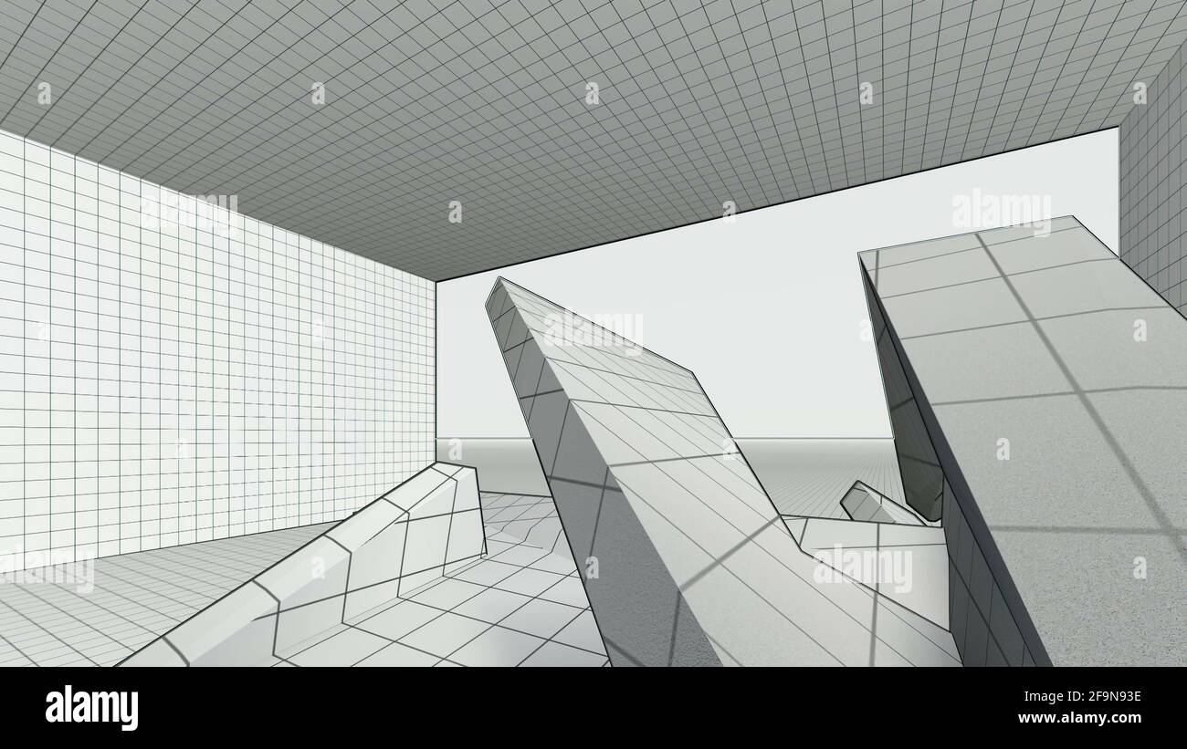 3D illustration - Empty abstract covered with grid line concrete room ...