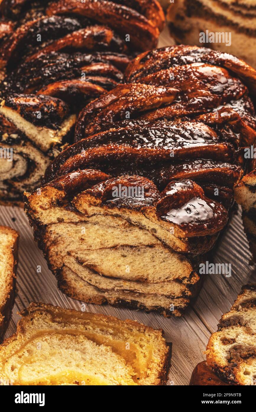 Babka or Brioche Bread. Chocolate swirl bread for holidays Stock Photo ...