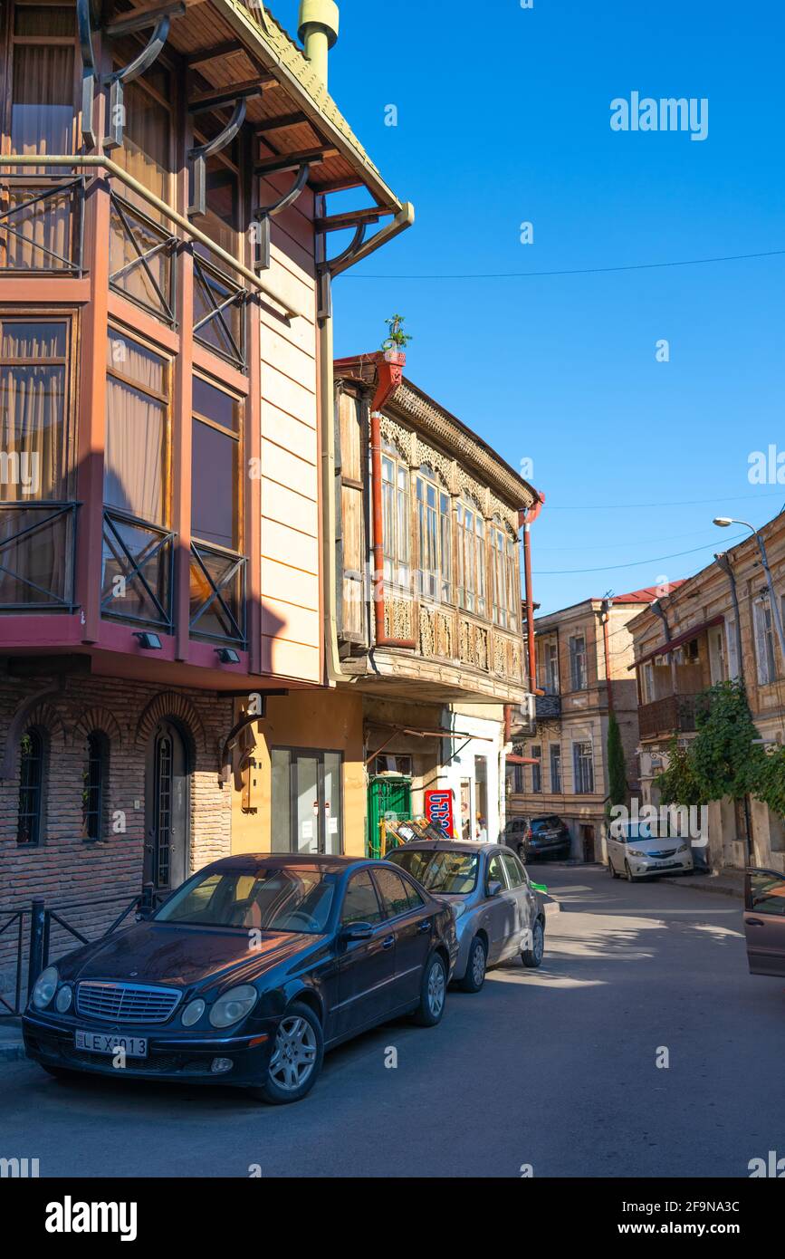 Wooden patterned balcony view from the street Stock Photo - Alamy