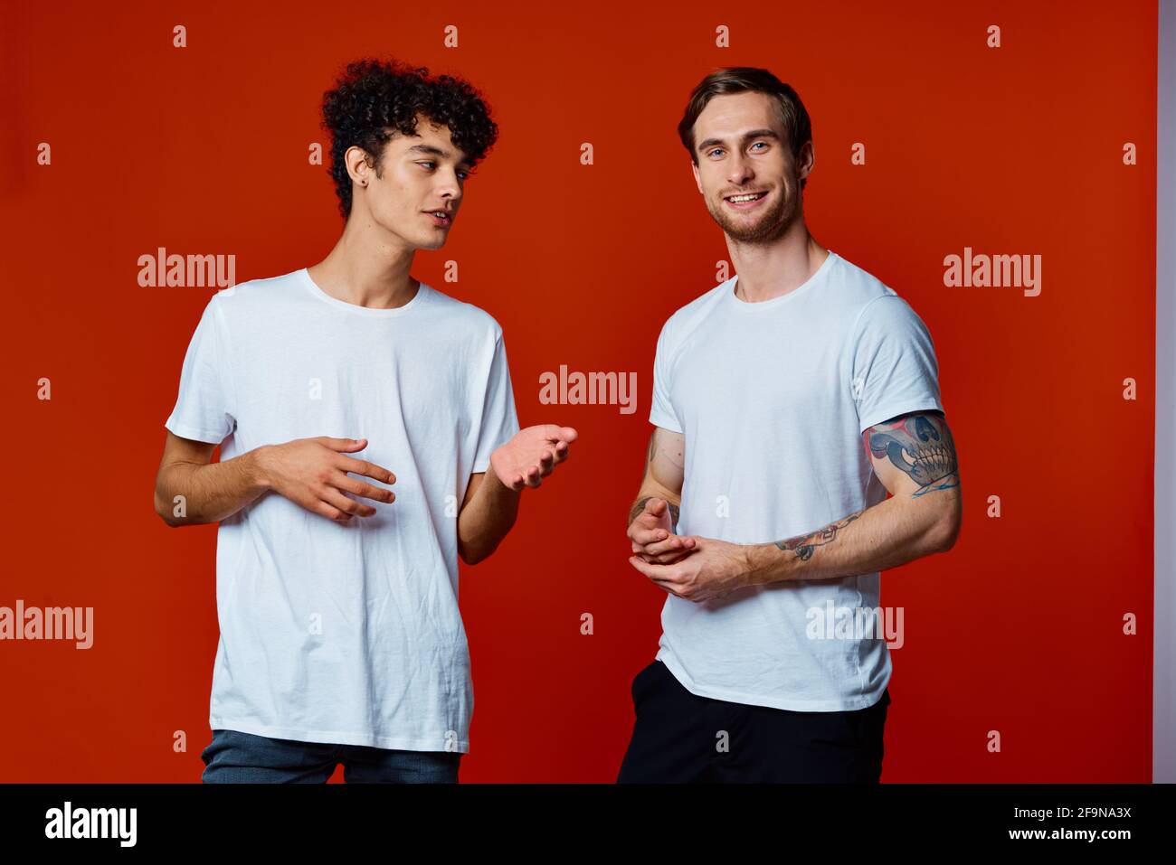 Two cheerful friends in white t-shirts communication isolated ...