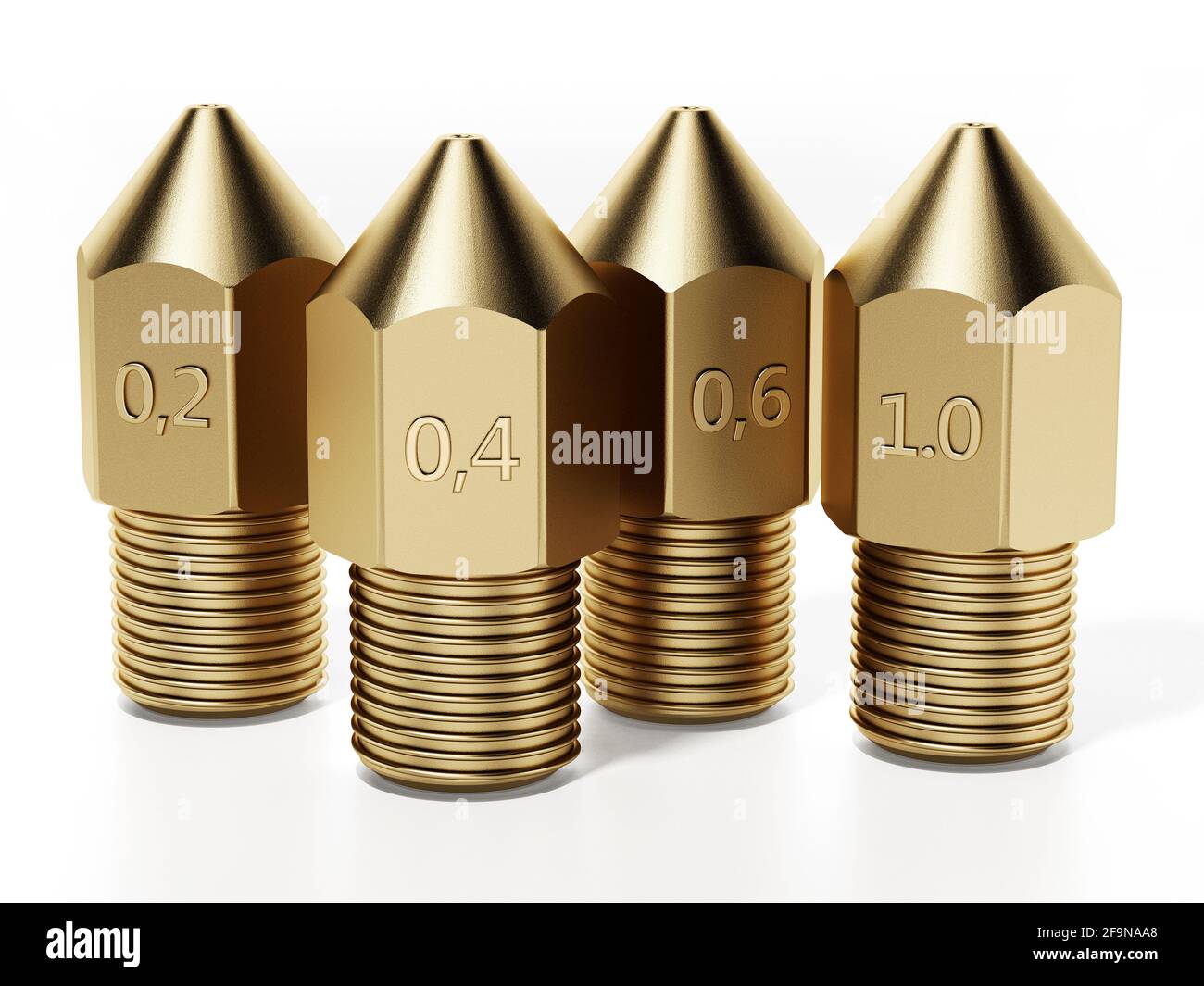 Brass 3D printer nozzles isolated on white background. 3D illustration ...