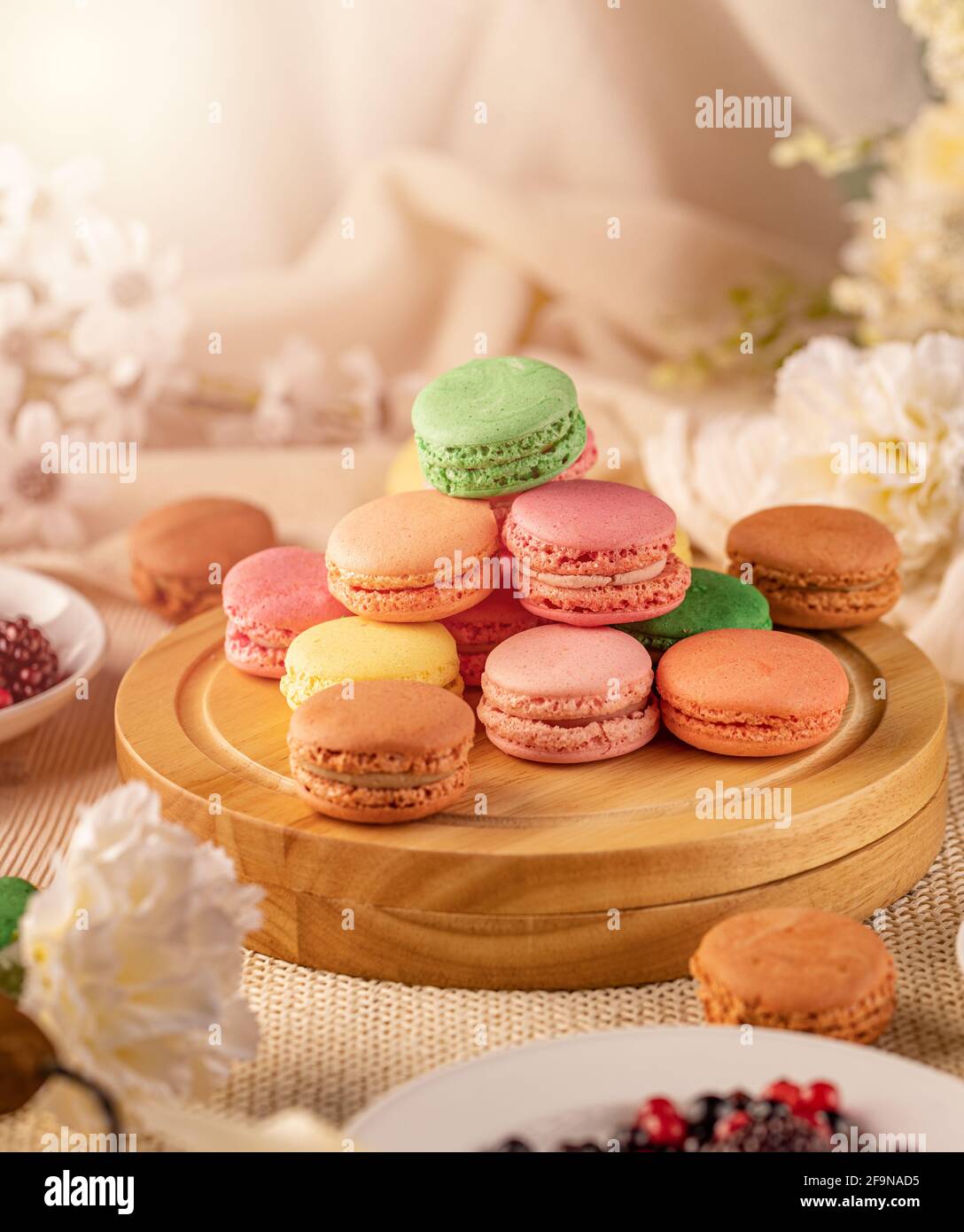 Still life of macarons delicate sandwich cookies in various colours ...