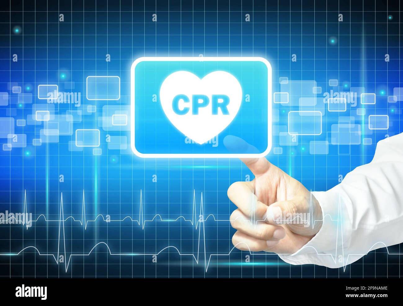 Hand touching CPR sign on virtual screen - health care & medical ...