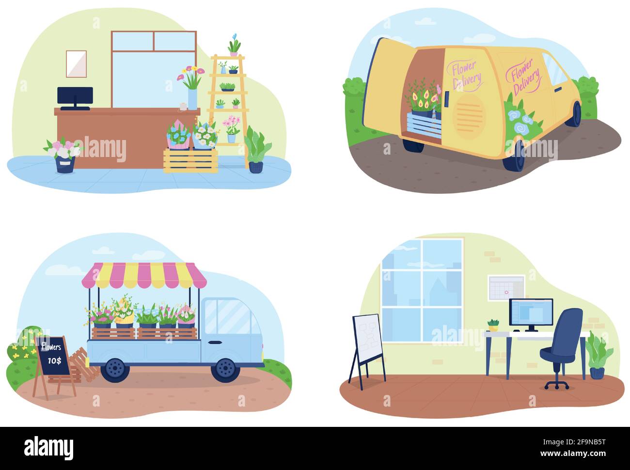 Flower shop, floral delivery service 2D vector web banner, poster set ...