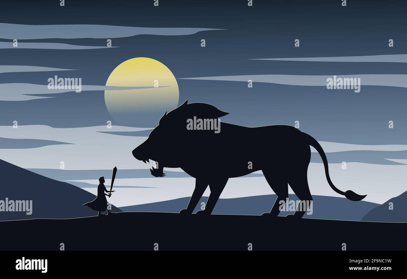 Silhouette of fiction with knight and lion,vector illustration Stock ...