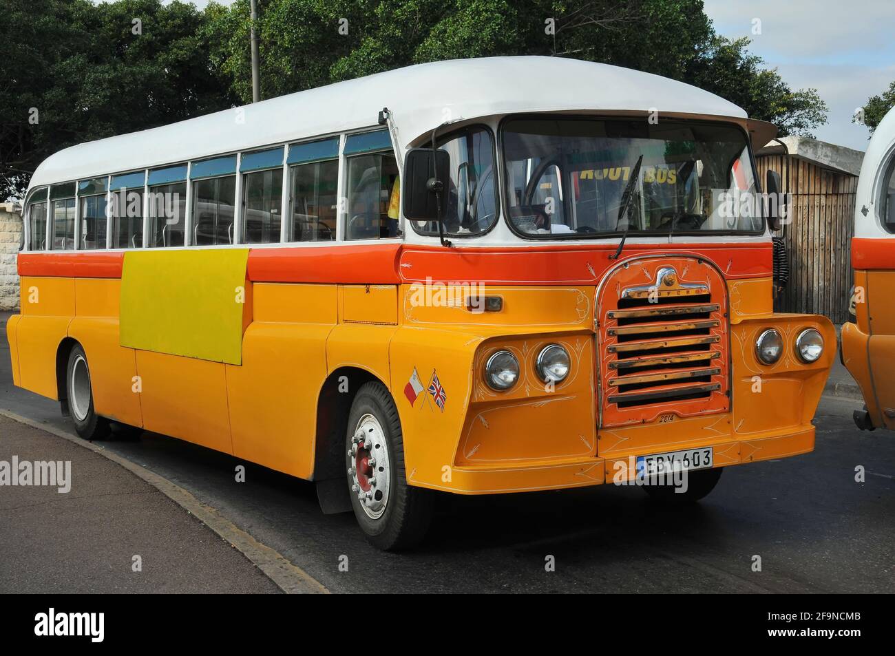 Traditional yellow buses urban transport on Valletta street, Malta ...