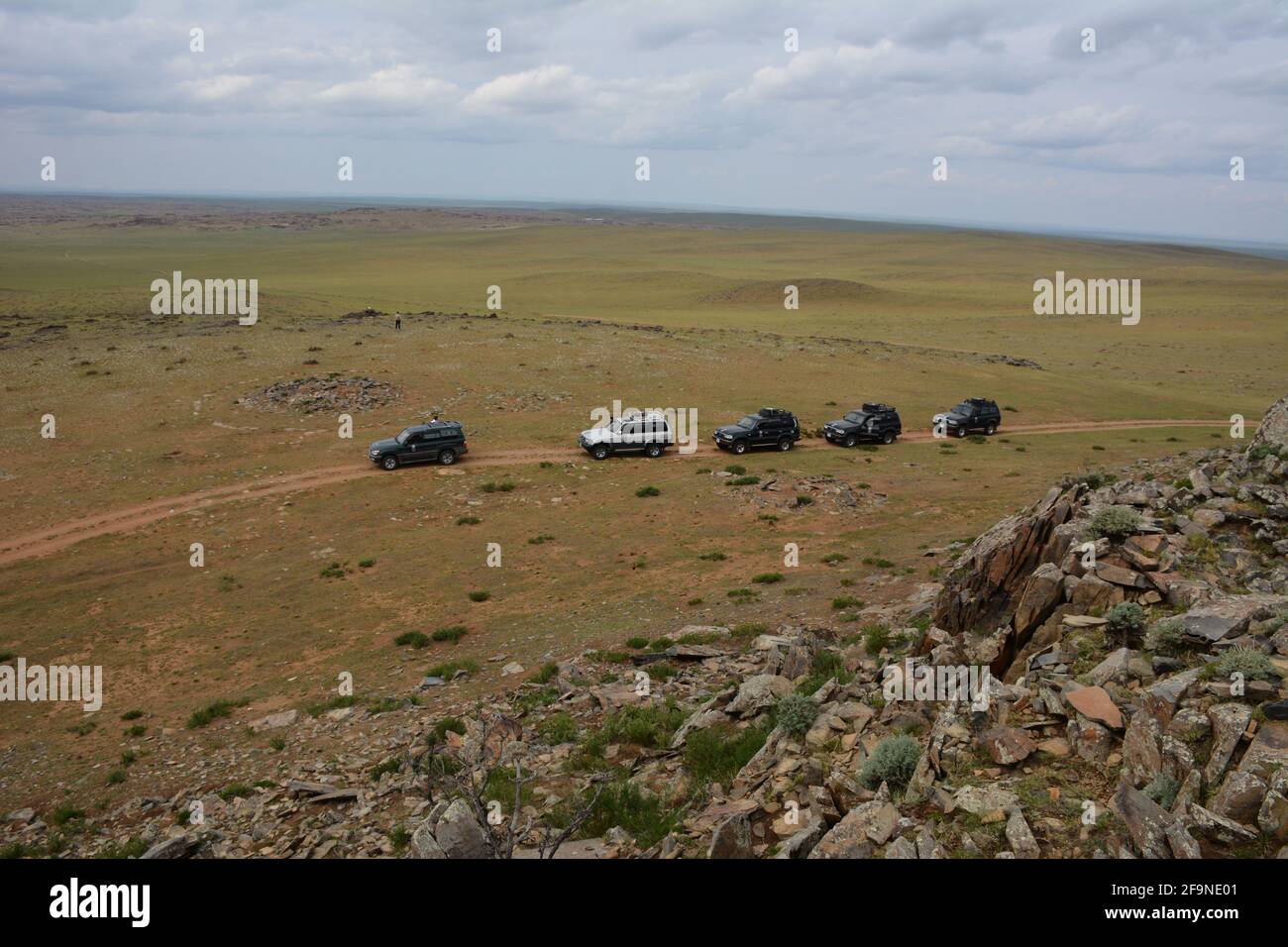 A convoy of 4x4 vehicles on an off-road self-drive tour of Mongolia ...
