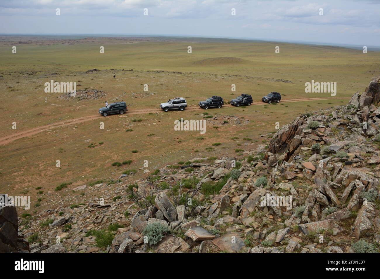 A convoy of 4x4 vehicles on an off-road self-drive tour of Mongolia ...