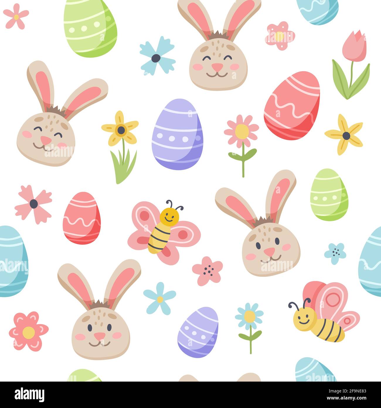 Easter spring pattern with cute bunny and decorated eggs. Hand drawn ...