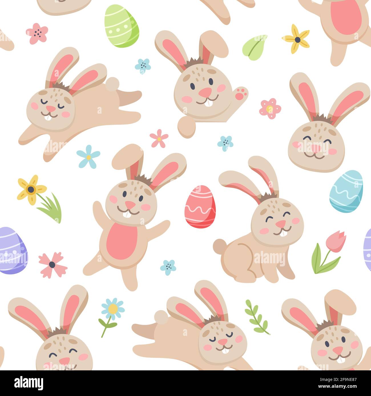 Easter spring pattern with cute bunnies, eggs, birds, bees, butterflies ...