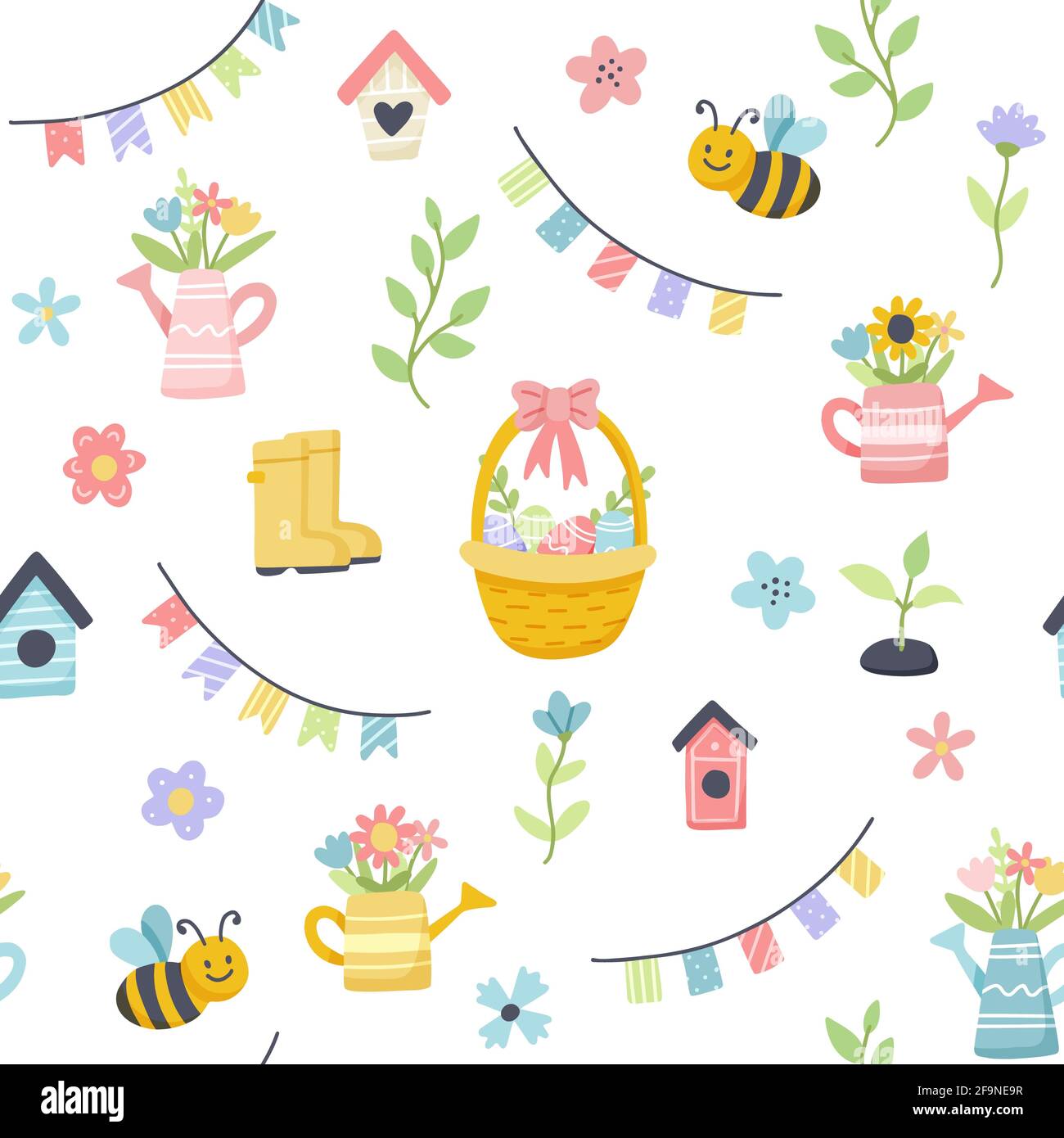 Easter spring pattern with cute eggs, flowers, bees. Hand drawn flat ...