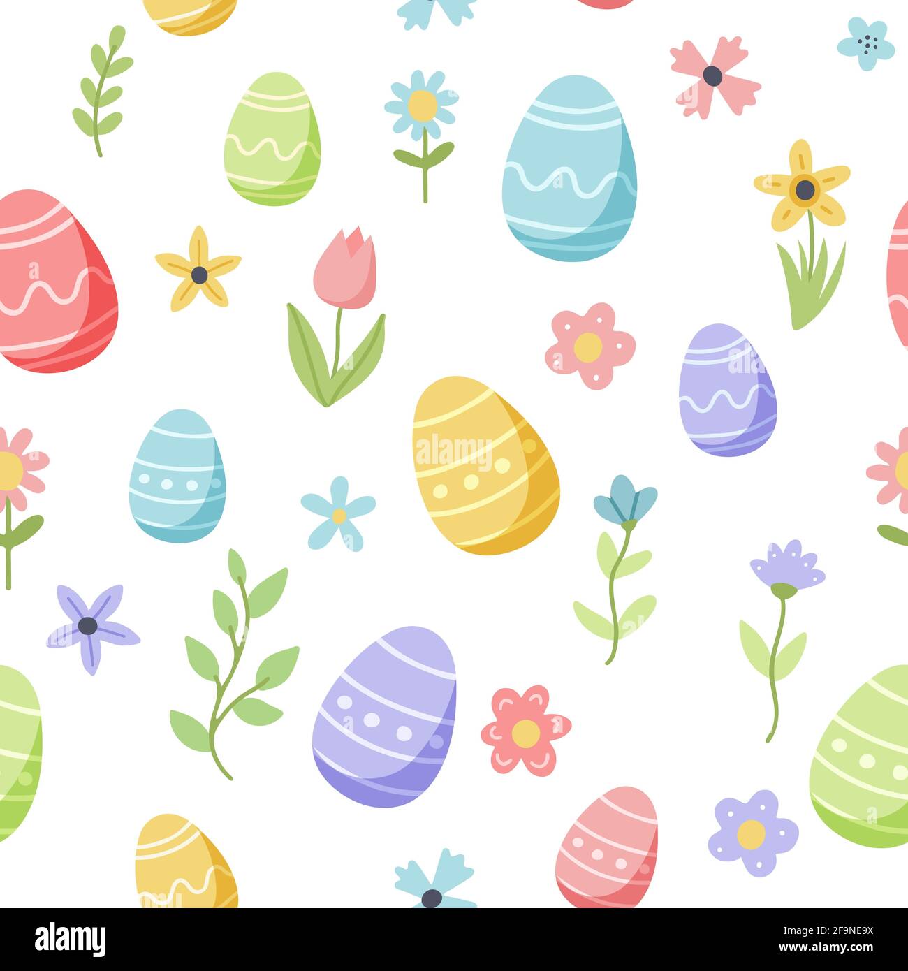 Easter spring pattern with cute eggs and flowers. Hand drawn flat ...