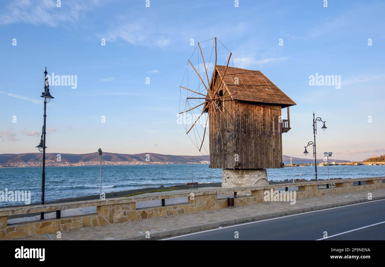 Nessebar old town in Bulgaria and old wind mill. Nesebar is one of the ...