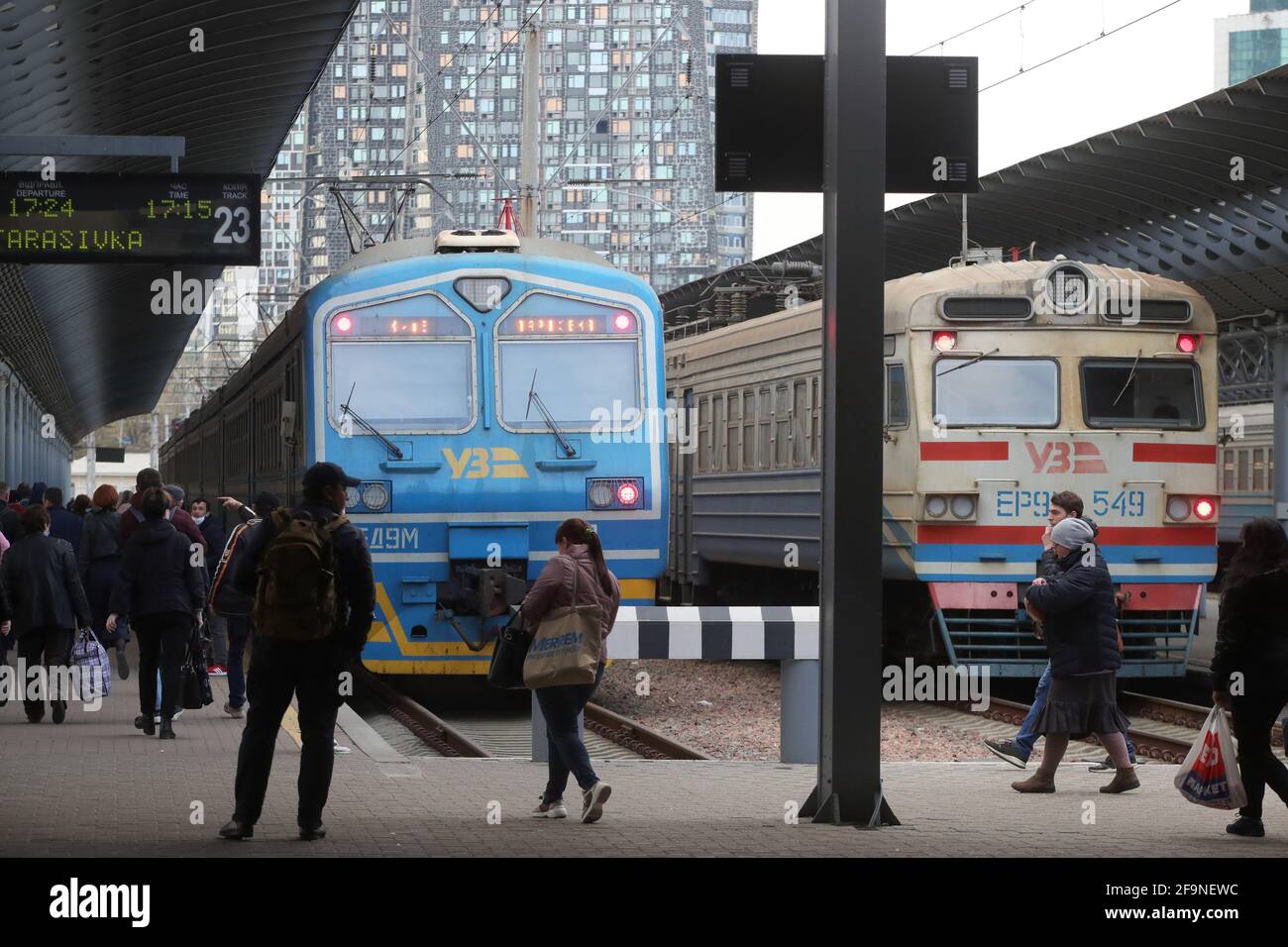 KYIV, UKRAINE - APRIL 19, 2021 - Electric trains are pictured at the ...