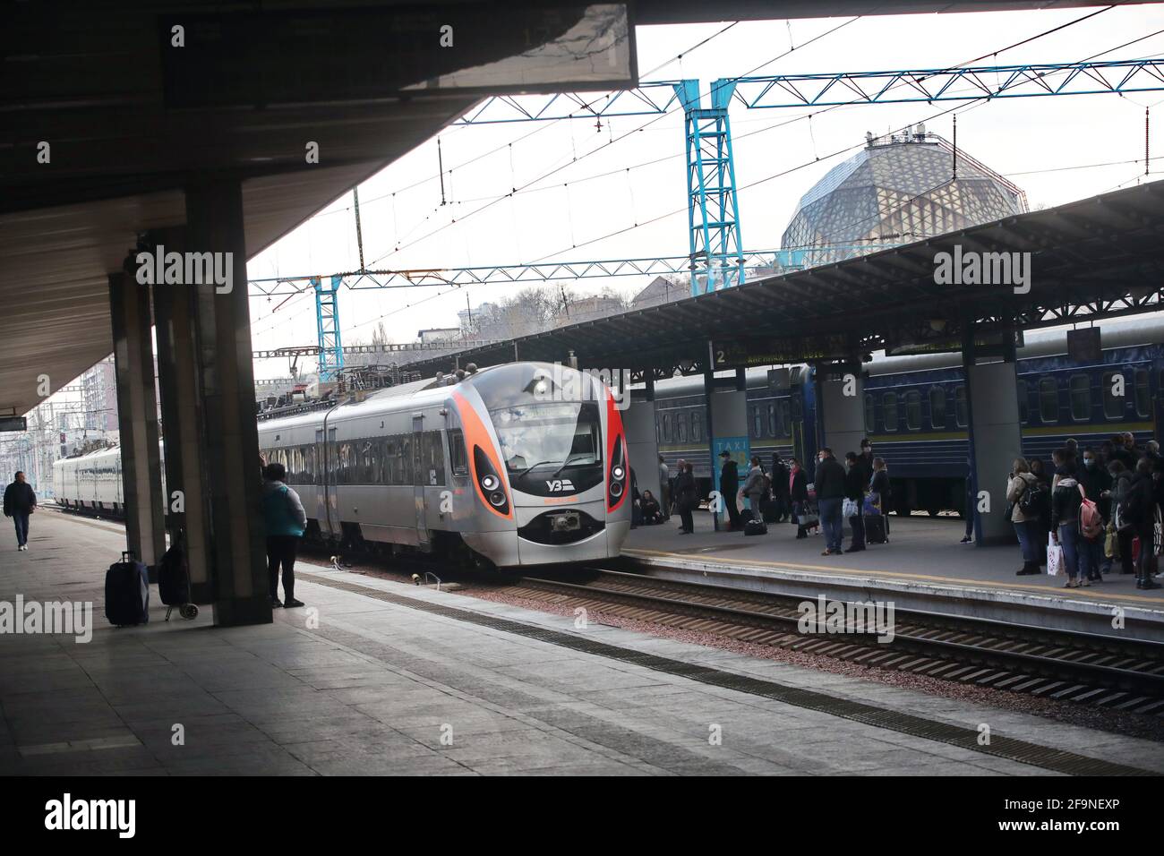 KYIV, UKRAINE - APRIL 19, 2021 - A train arrives at the Kyiv ...