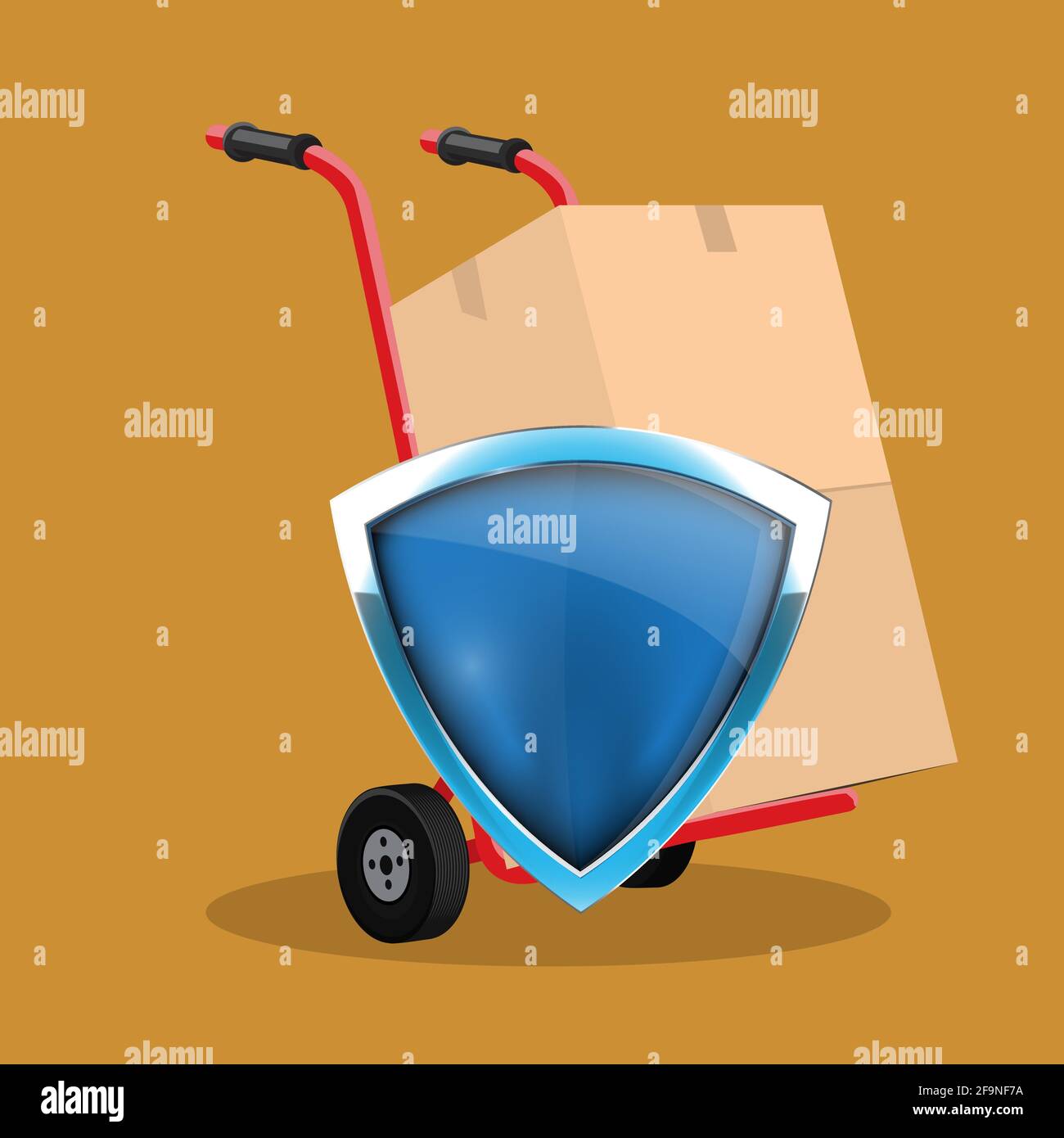 Cardboard box on hand truck and protection shield. Safety shipment ...