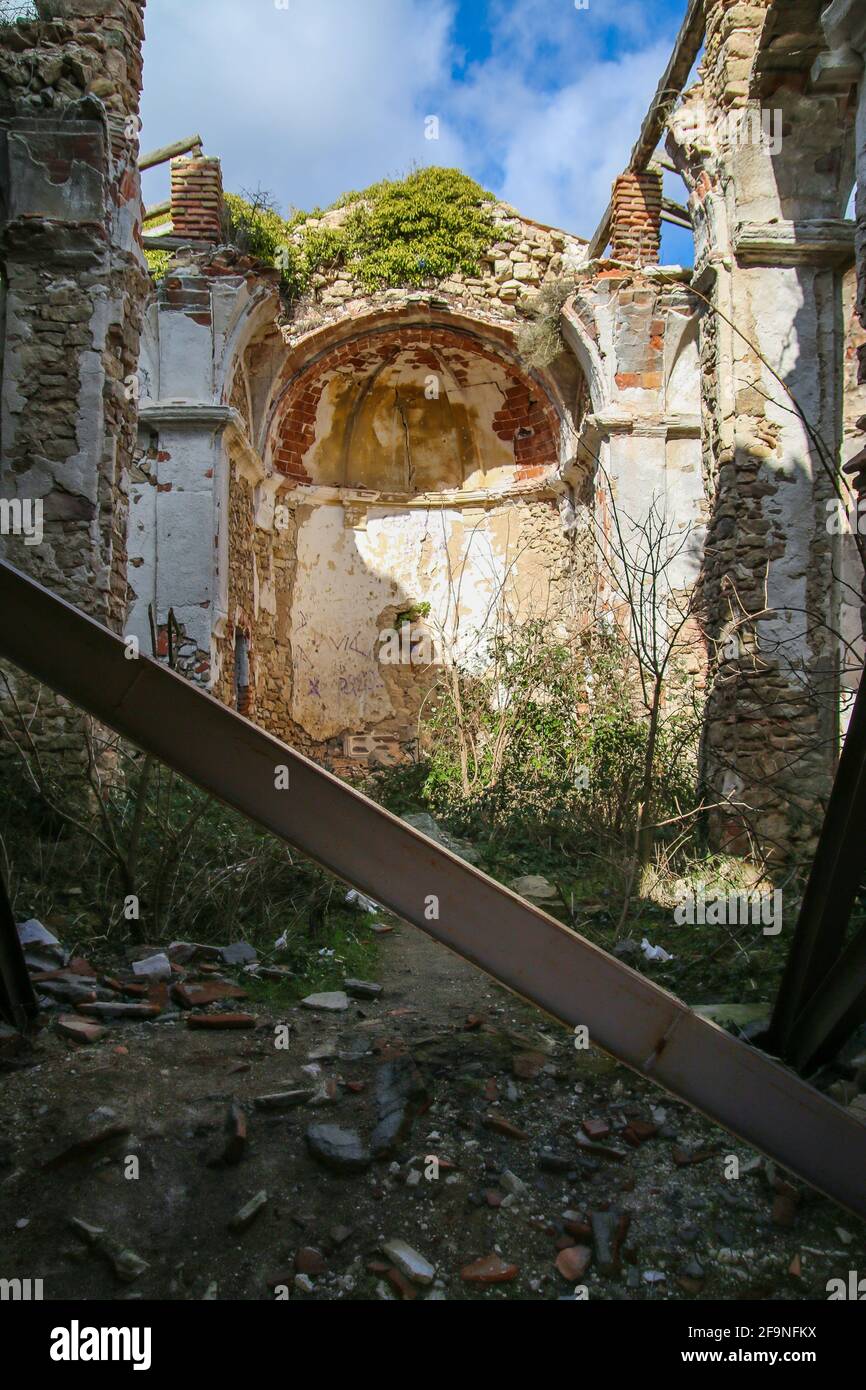 Vertical of the ruins of a church of the abandoned La Mussara ghost ...