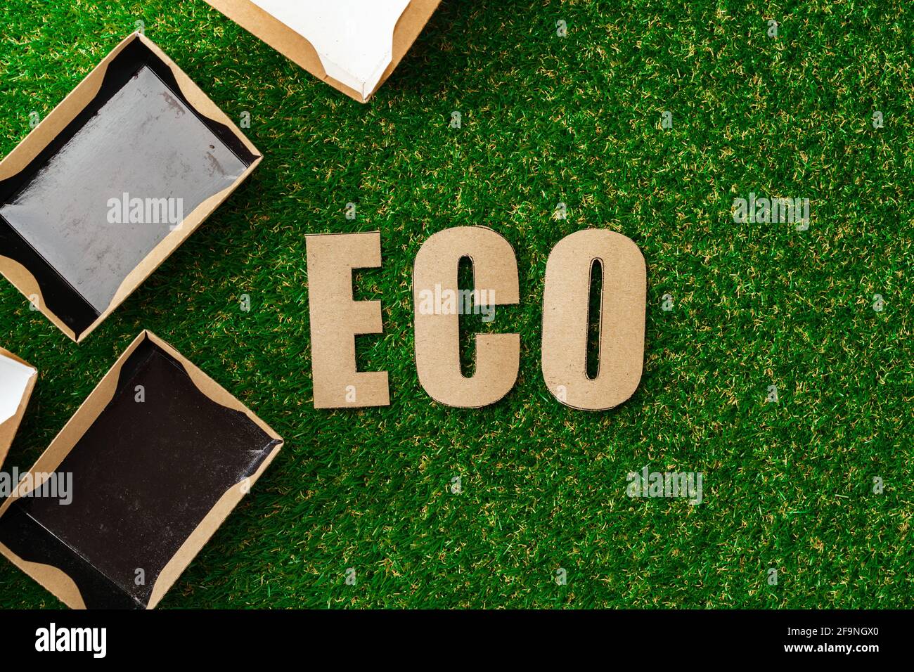 Disposable eco-friendly cardboard package on green background Stock ...