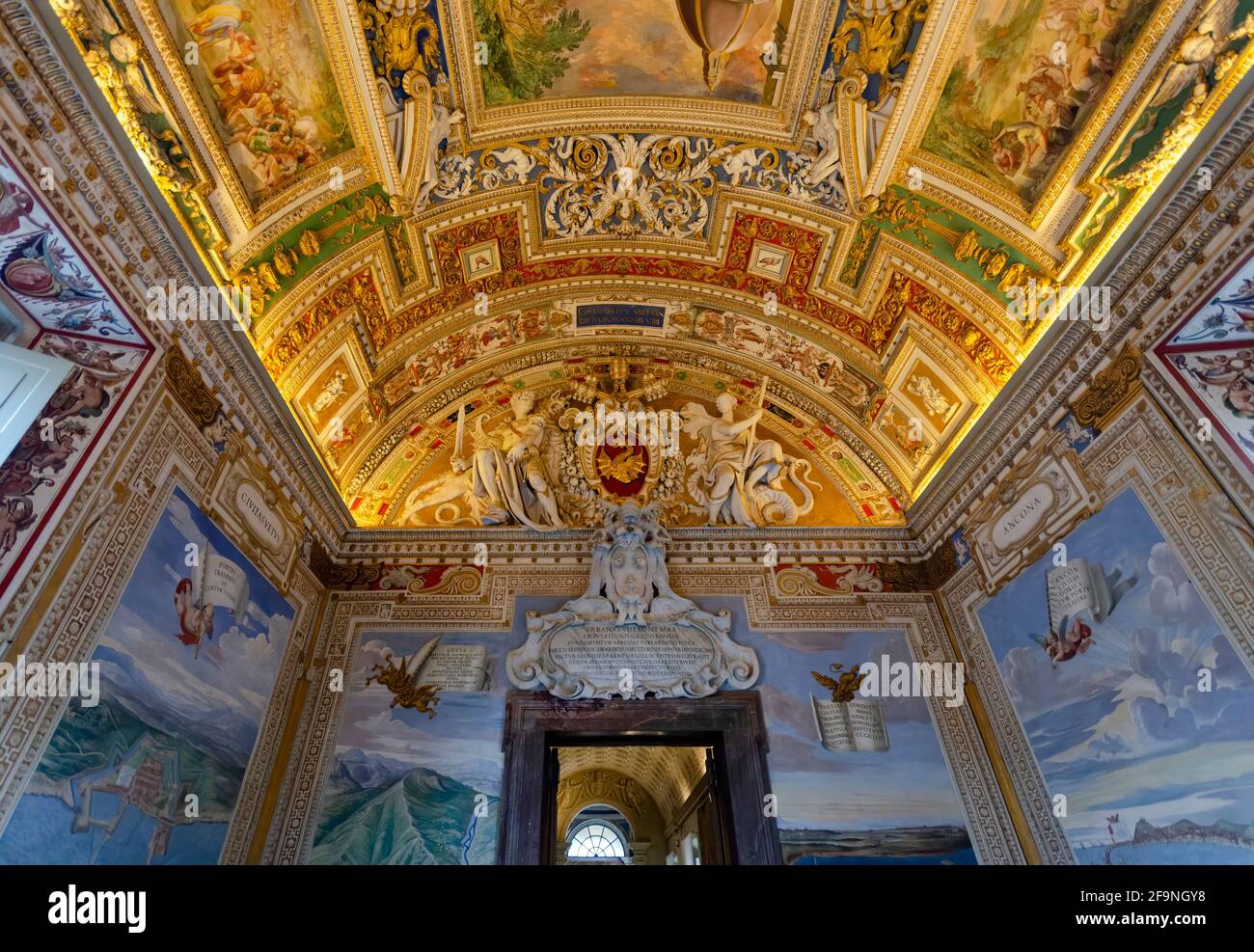 Vatican City, Rome, Italy. Paintings on the walls and ceilings in the Gallery of Maps hall in ...