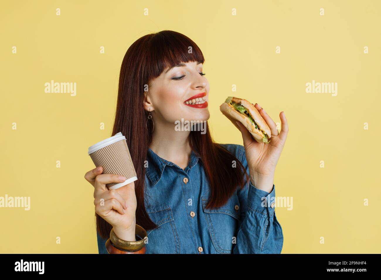 Fast food, jank food concept. Emotional smiling happy beautiful red ...