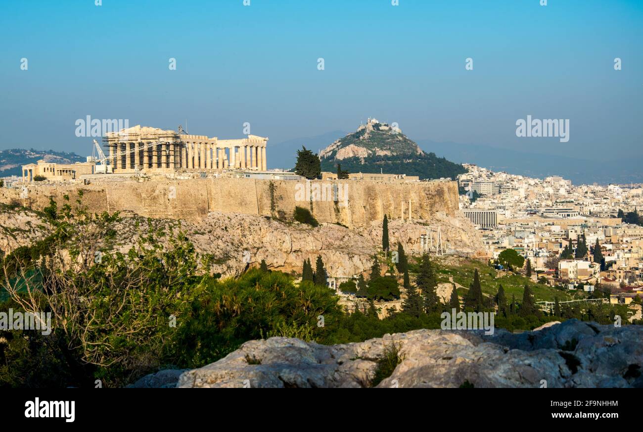 View of the Acropolis from the Filopappos hill in Athens, Greece Stock ...