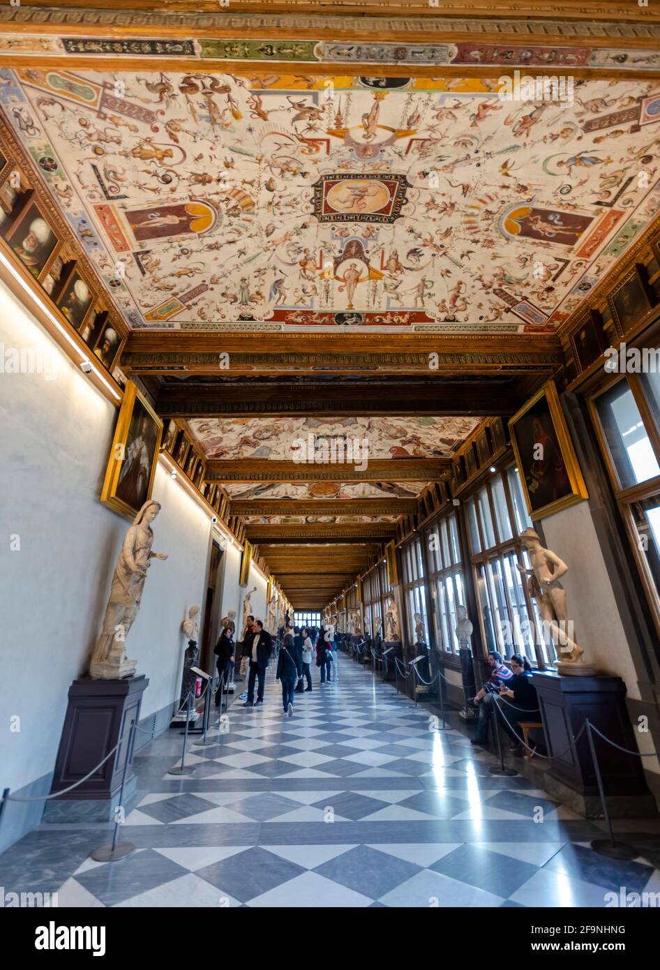 Florence, Italy. Interior of Uffizi museum Gallery, the most famous ...