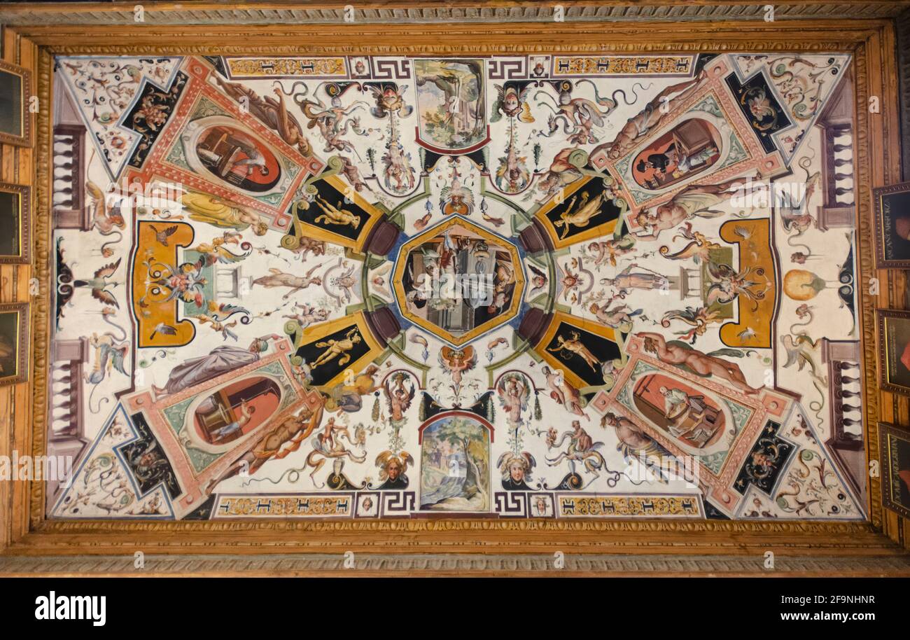 Florence, Italy. Interior of Uffizi museum Gallery, the most famous ...
