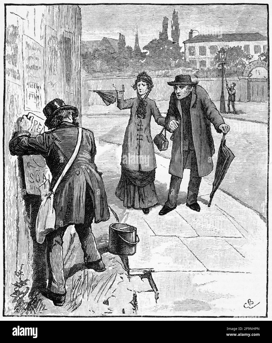 Engraving of a man posting public notices on the wall of a building ...