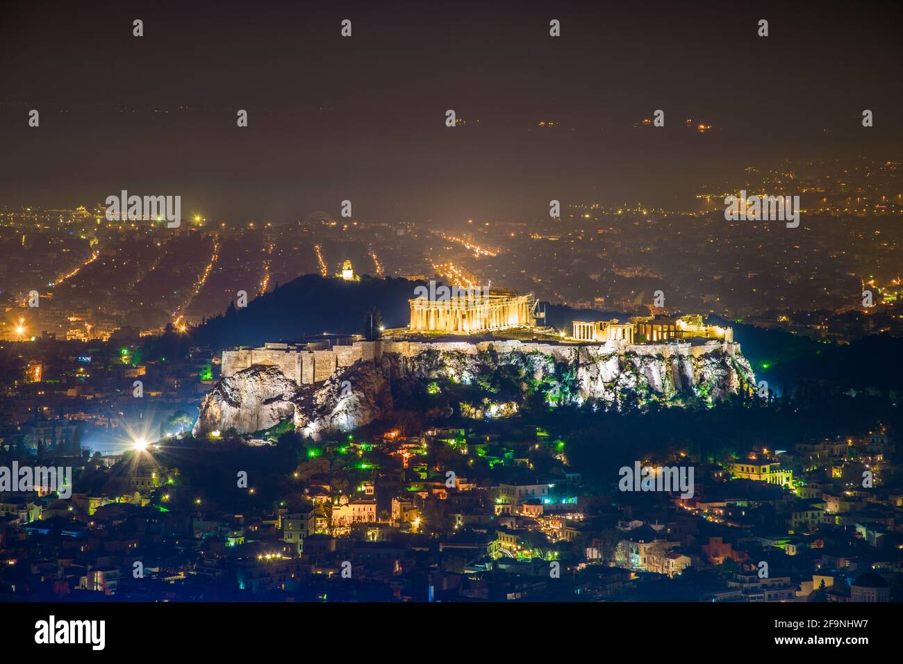 night aerial view of athens with akropolis monument from the lycabetus ...