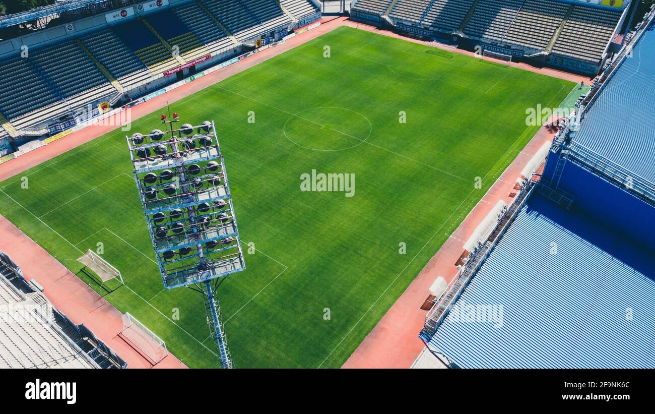Aerial view of empty football field arena in the day. Football stadium ...