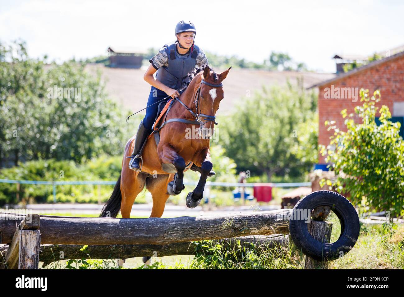 Rider jumps horse over log on cross-country course Stock Photo - Alamy