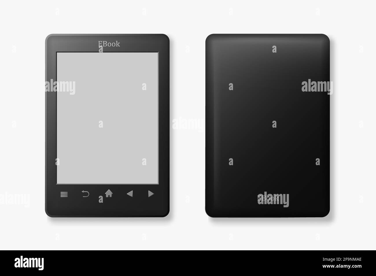 Front ebook and back view template. Tablet black with empty screen and ...