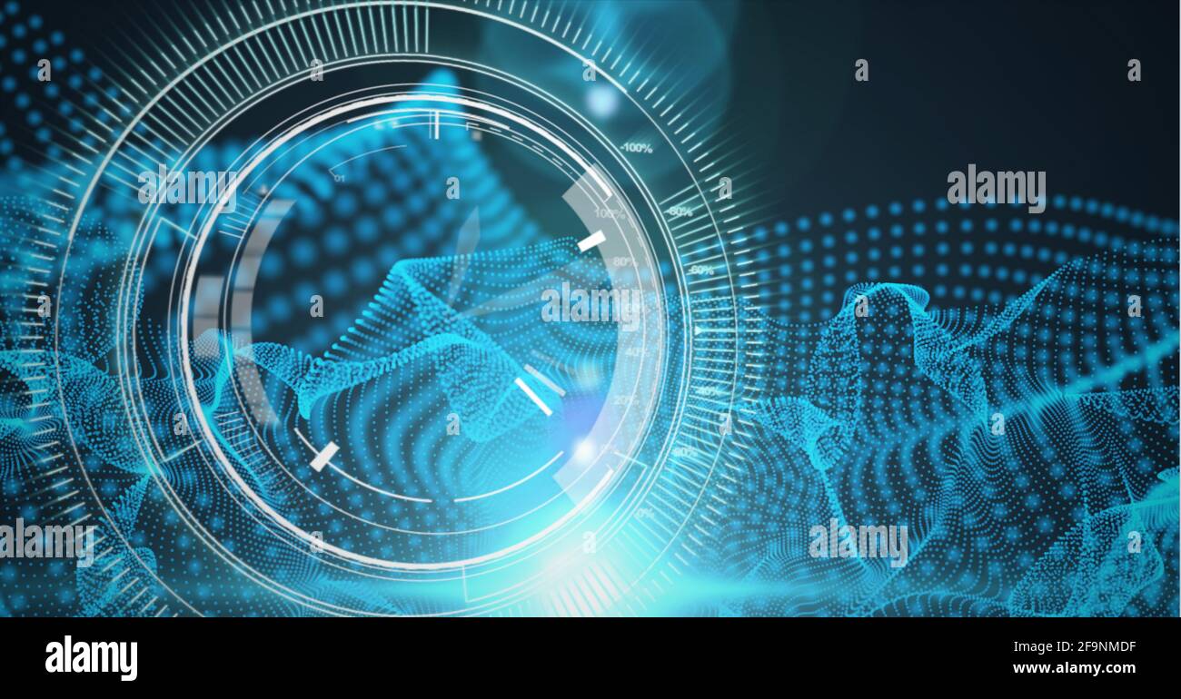 Composition of scope scanning over blue glowing mesh Stock Photo - Alamy