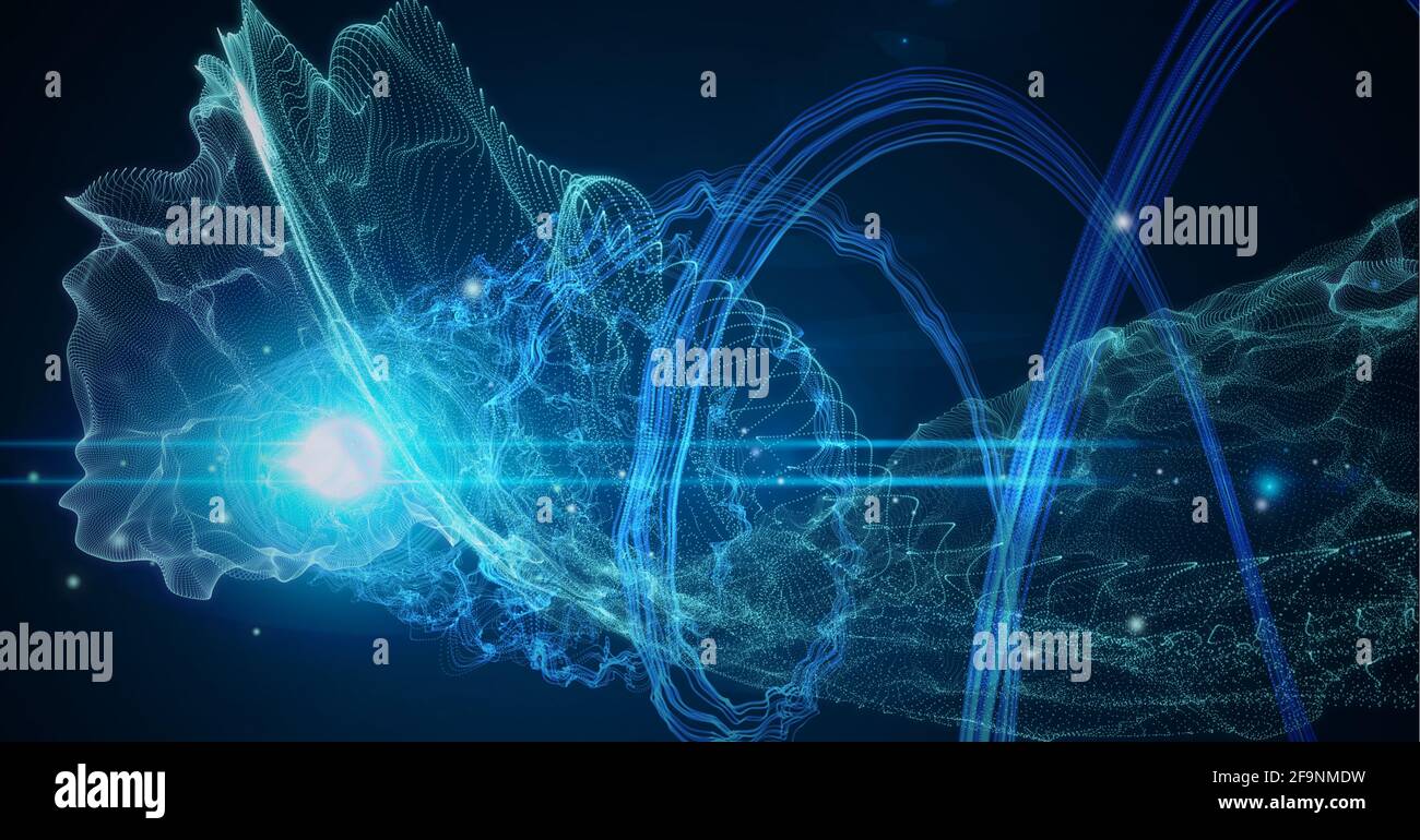 Composition of glowing spot of light over light trails and blue mesh ...