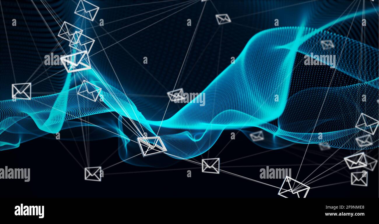 Composition of network of connections with white envelope icons over ...