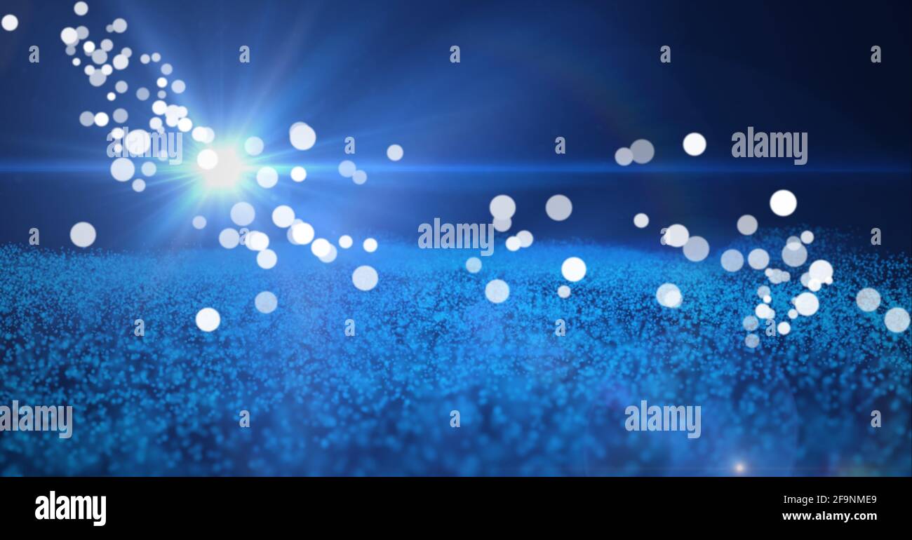 Composition of multiple white spots over glowing spot and blue mesh ...