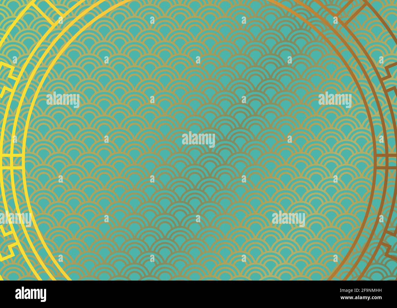 Illustration of gold repetitive pattern in circle over turquoise ...