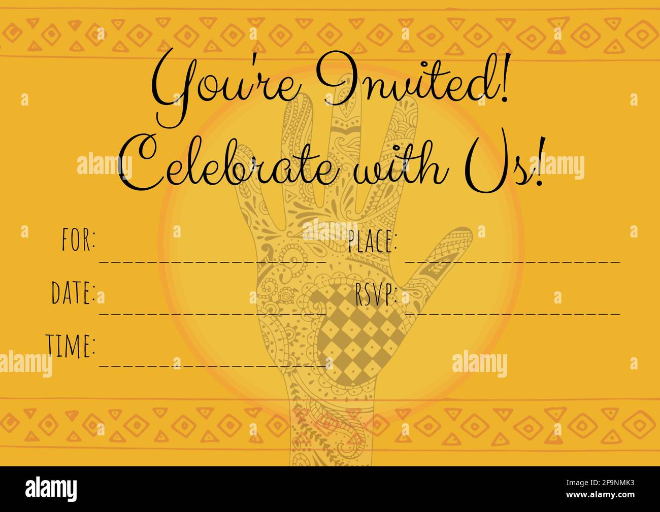 Invitation with you're invited celebrate with us text over hand pattern ...