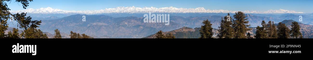 Himalaya, panoramic view of Indian Himalayas mountains, great Himalayan range, Uttarakhand India ...