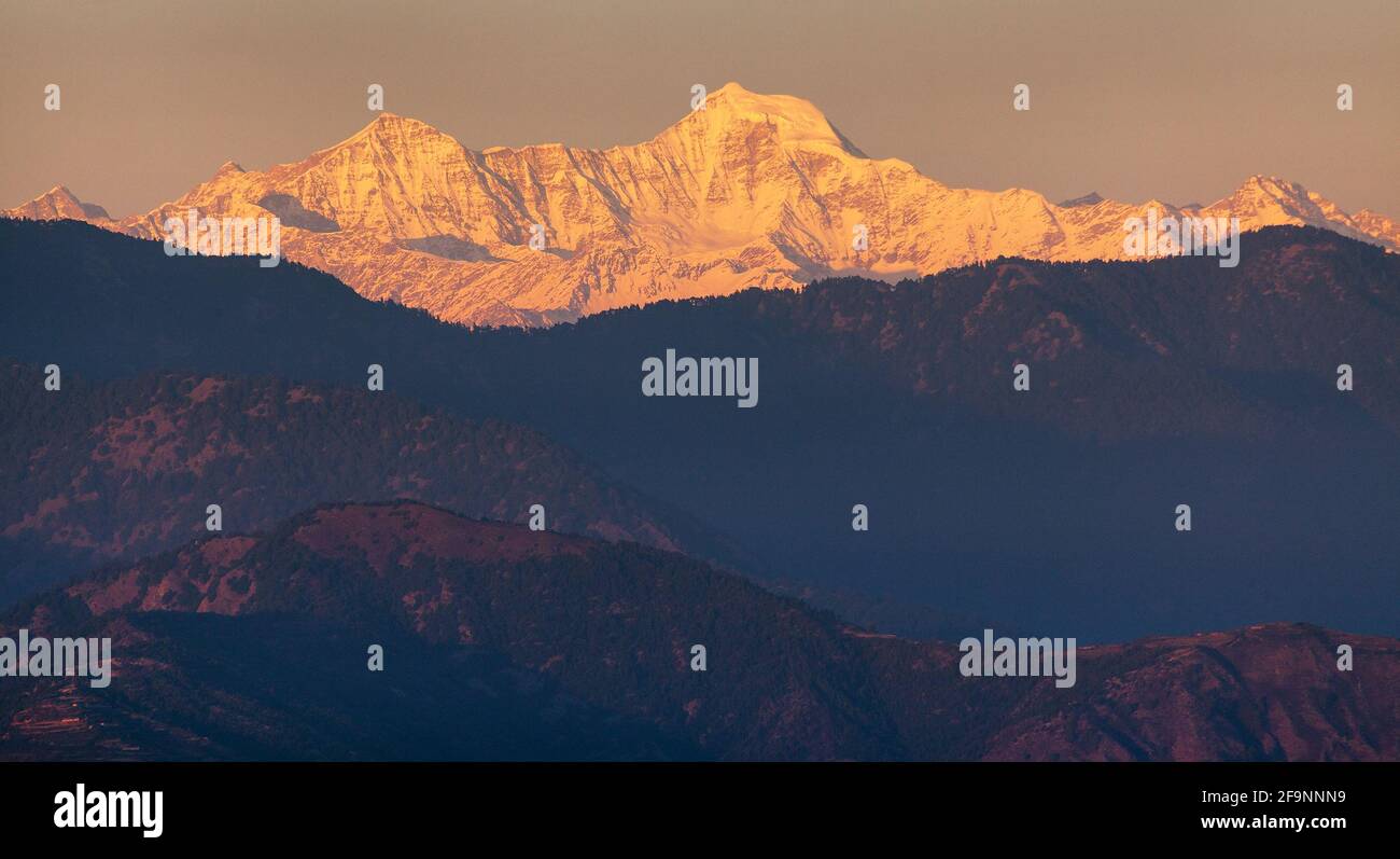 Evening panoramic view of Indian Himalayas, great Himalayan range, Uttarakhand India, view from ...