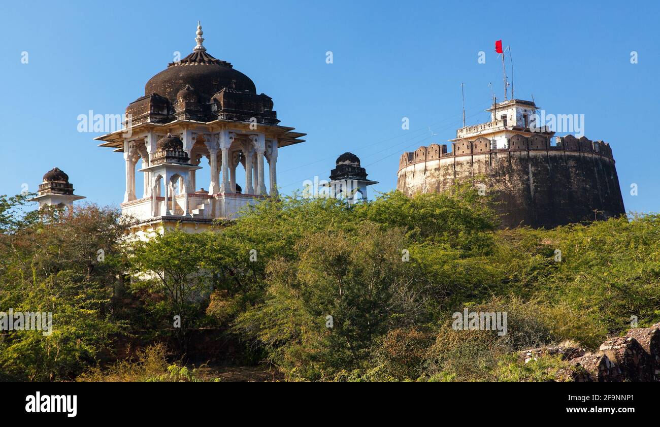 Detail of upper part of Taragarh fort in Bundi town, typical medieval ...