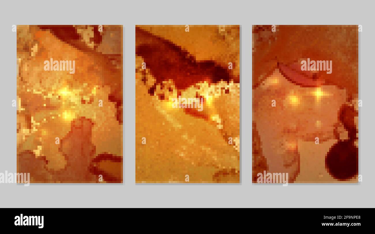 Set of marble patterns. Gold and orange geode textures with glitter ...