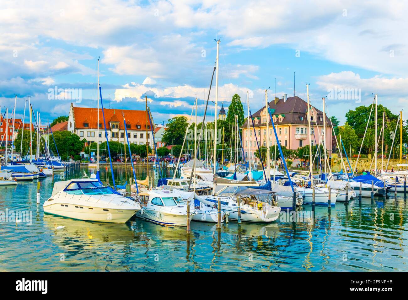 View of marina and the Mangturm tower situated in the german port ...
